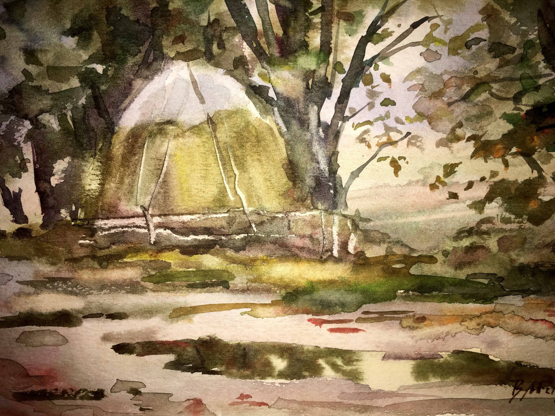 Watercolor painting Camp Painting by Andrii Zhyvodorov