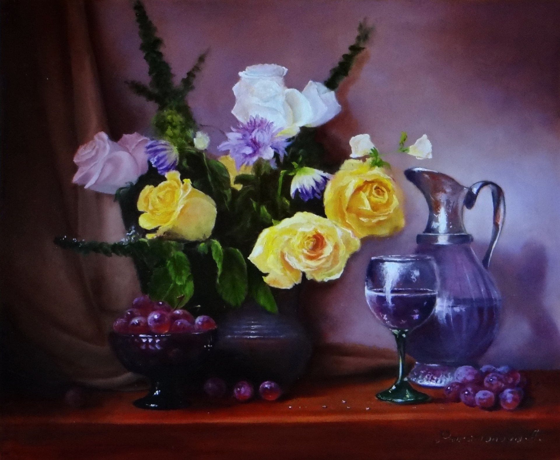 Roses with a jug Painting by Valery Petrov