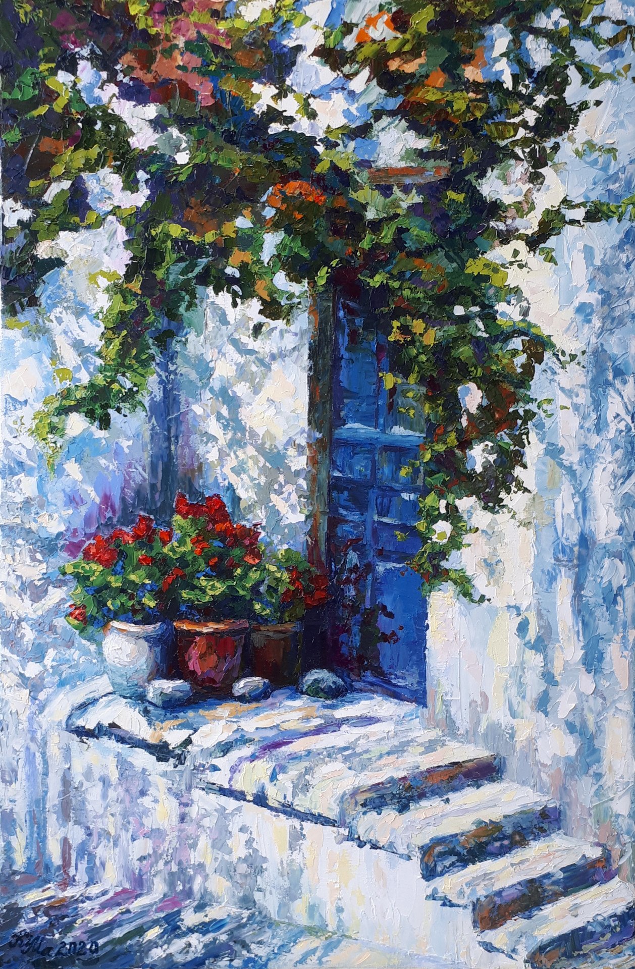 Porche blanco con puerta azul Pintura de Marina Kirillova