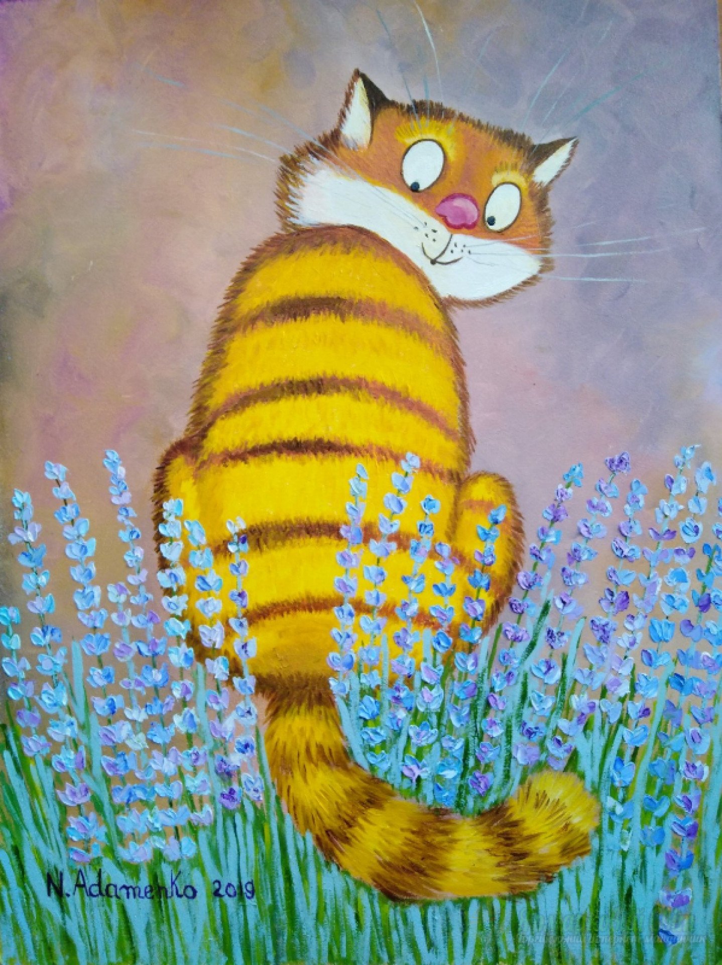 Cat in lavender Painting by Natalia Adamenko
