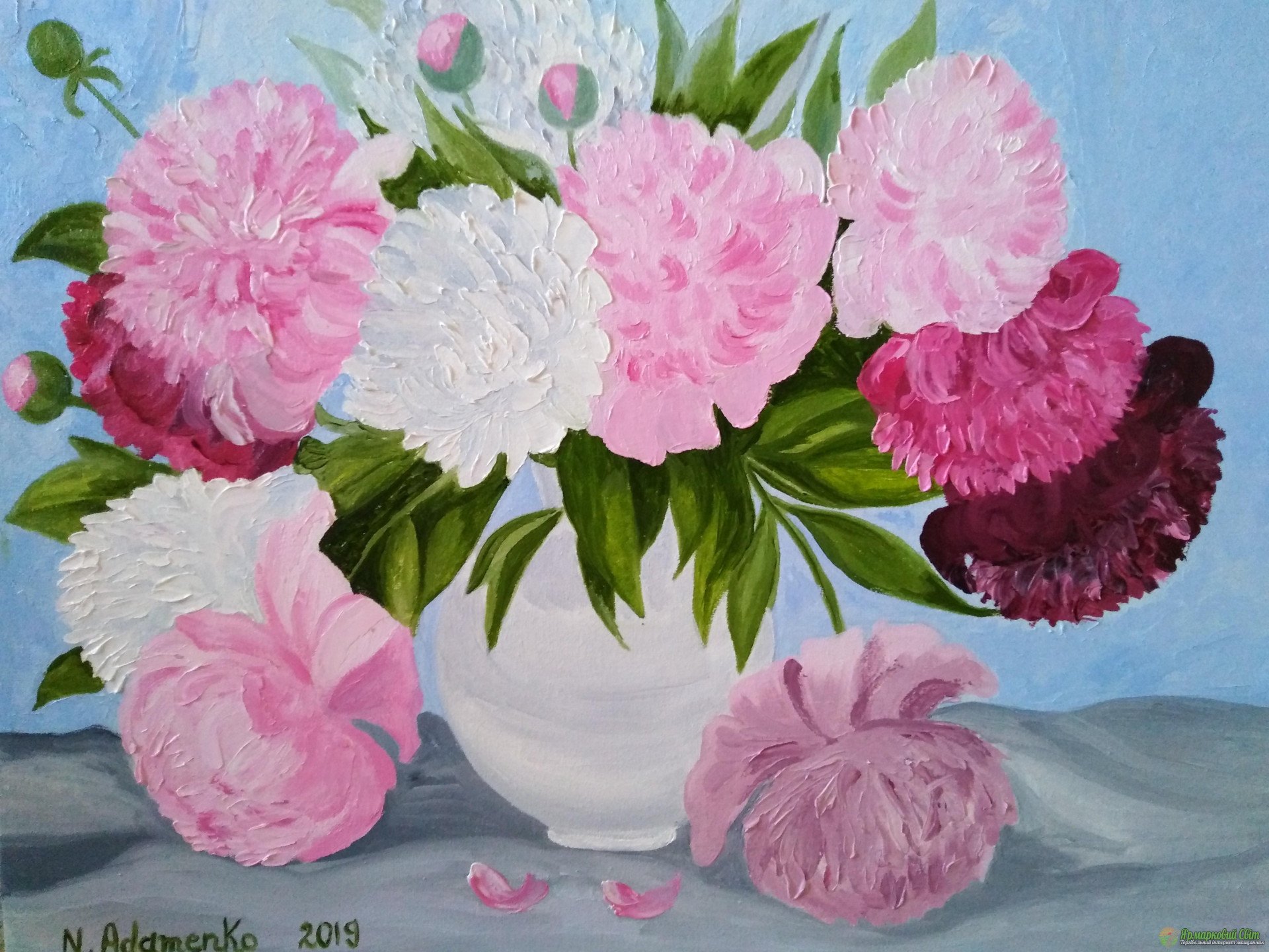 Delicate may peonies. Painting by Natalia Adamenko