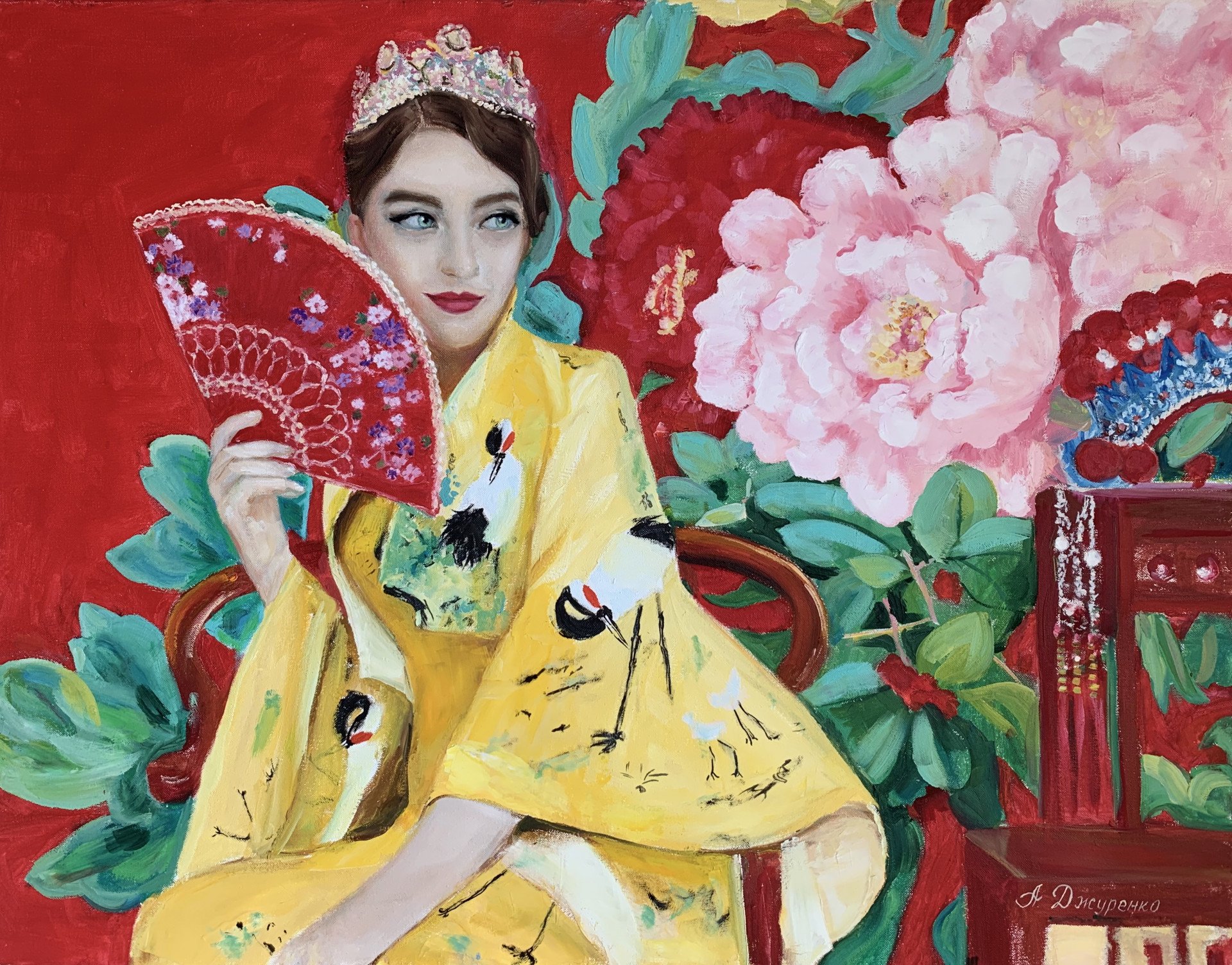 Girl with a fan Painting by Oleksandra Dzhurenko