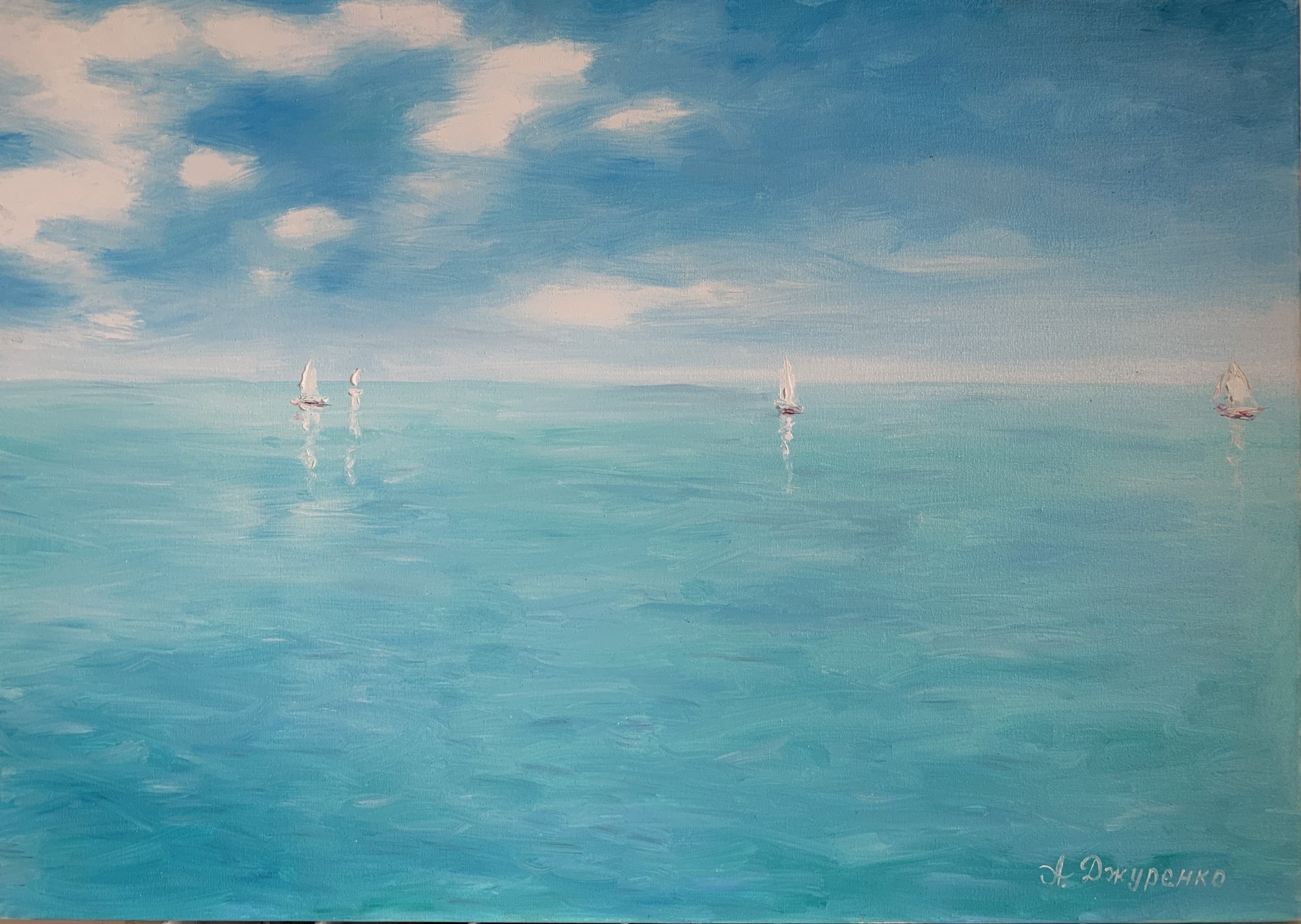 Blue sky. Pearly clouds Painting by Oleksandra Dzhurenko