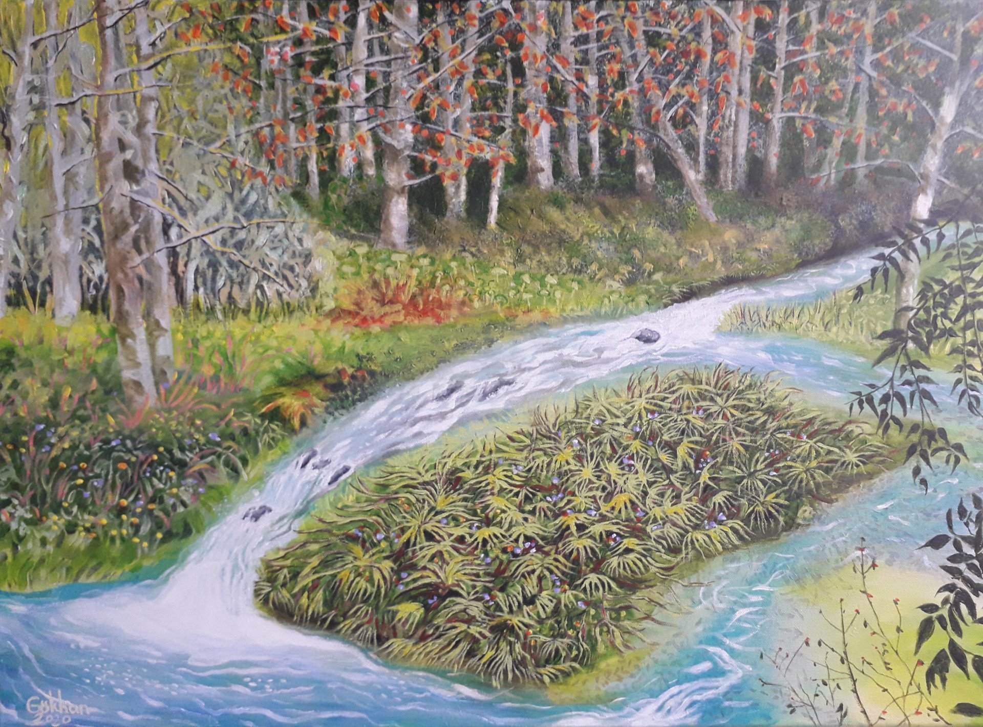 Forest and river landscape Painting by Gokhan Alpgiray