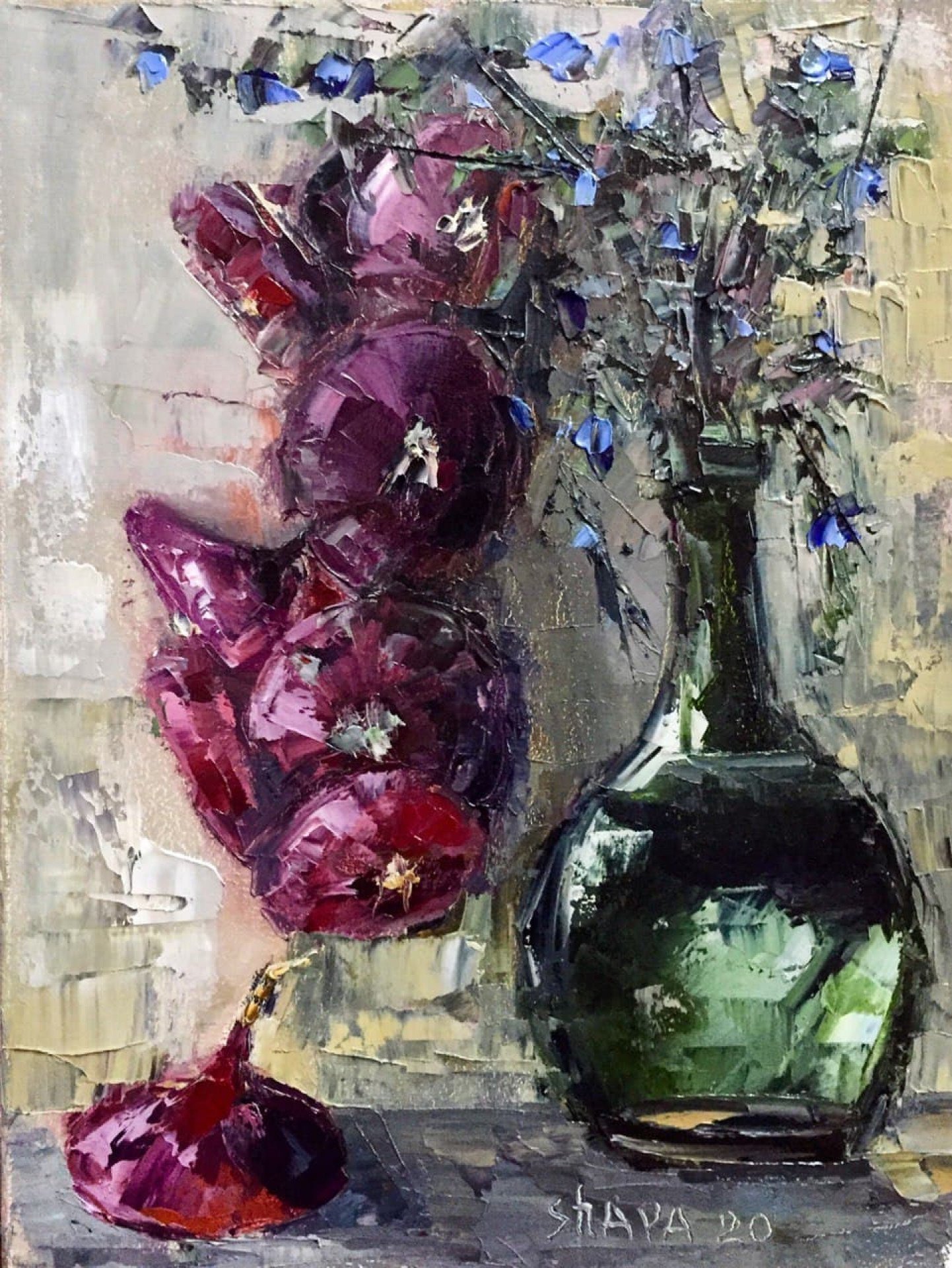 Wildflowers and red bow Painting by Oleg Sharapanovsky