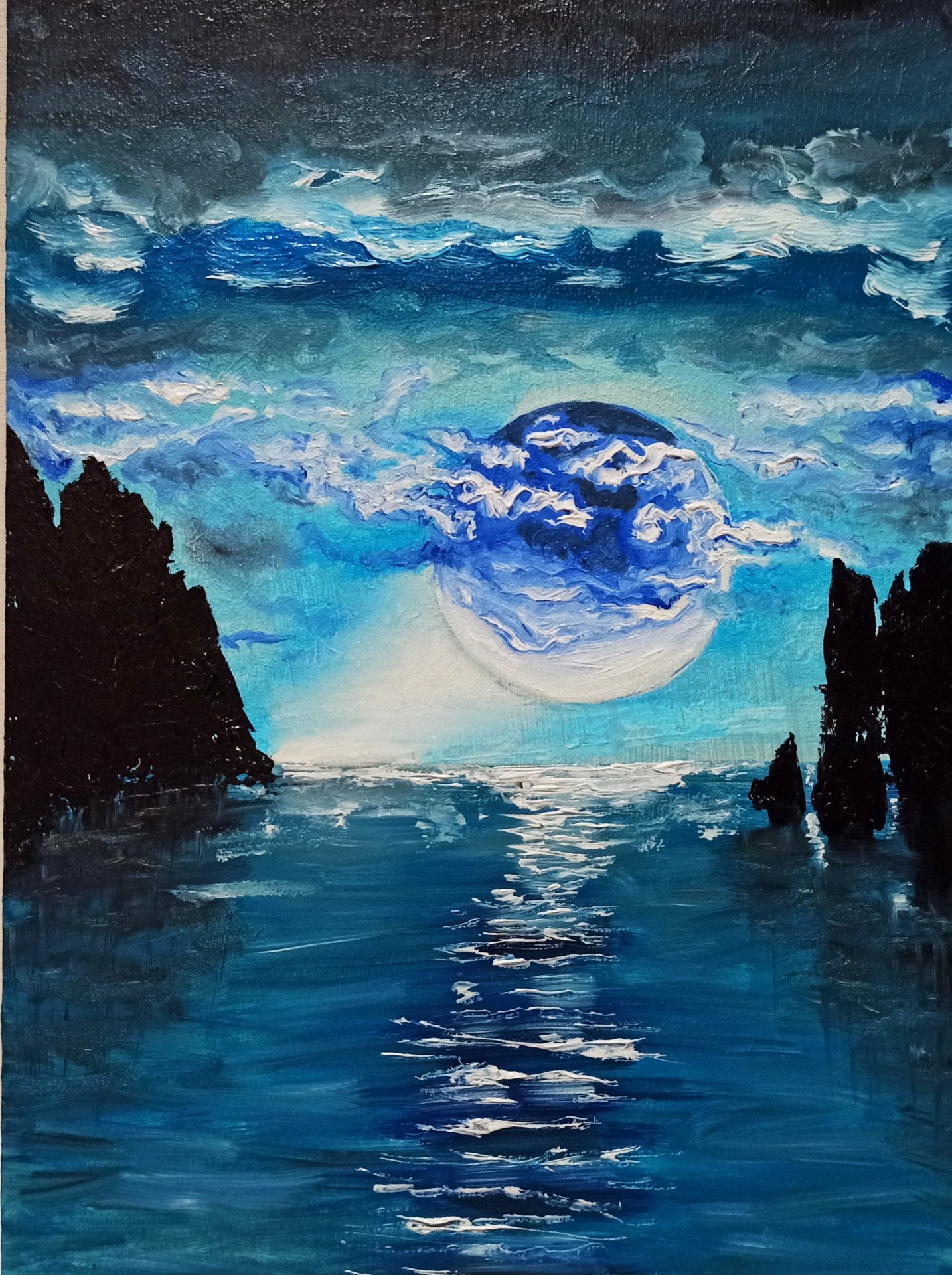 Big Moon over Water Painting by Angela Antonova - Jose Art Gallery