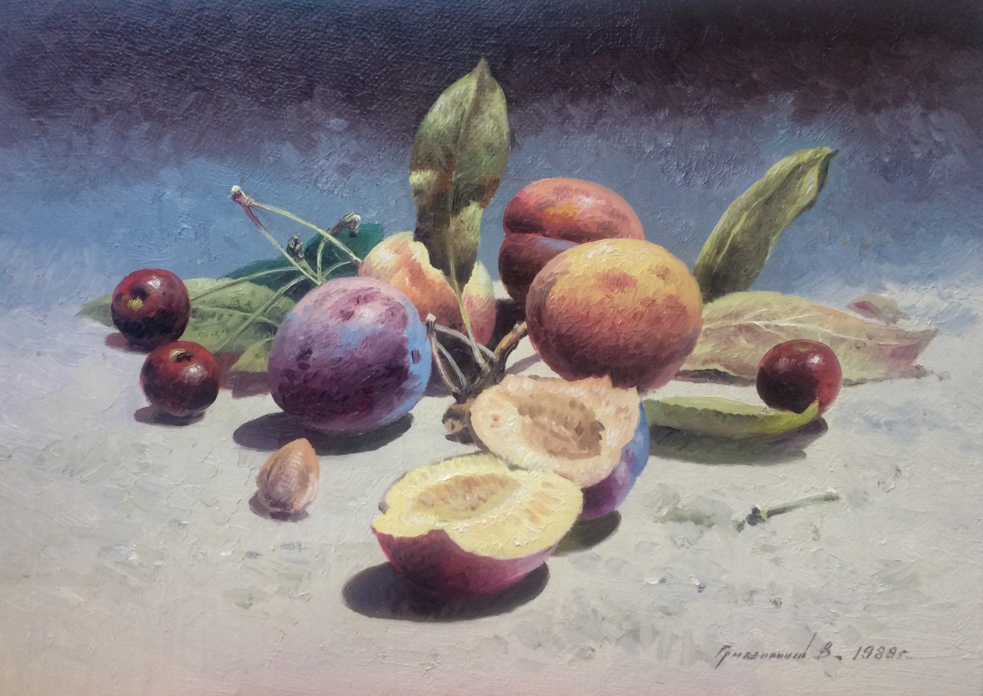 Still life with plums Painting by Vasily Gribennikov