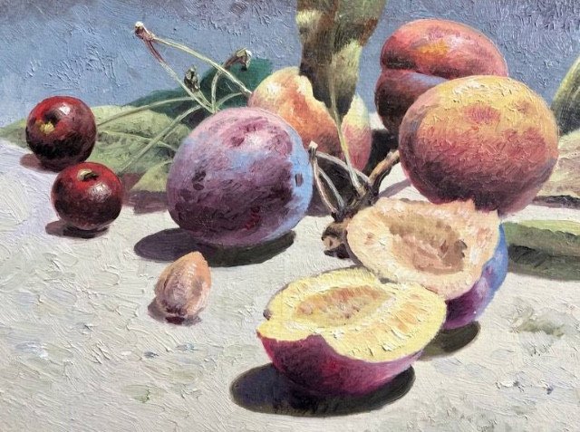 Still life with plums Painting by Vasily Gribennikov