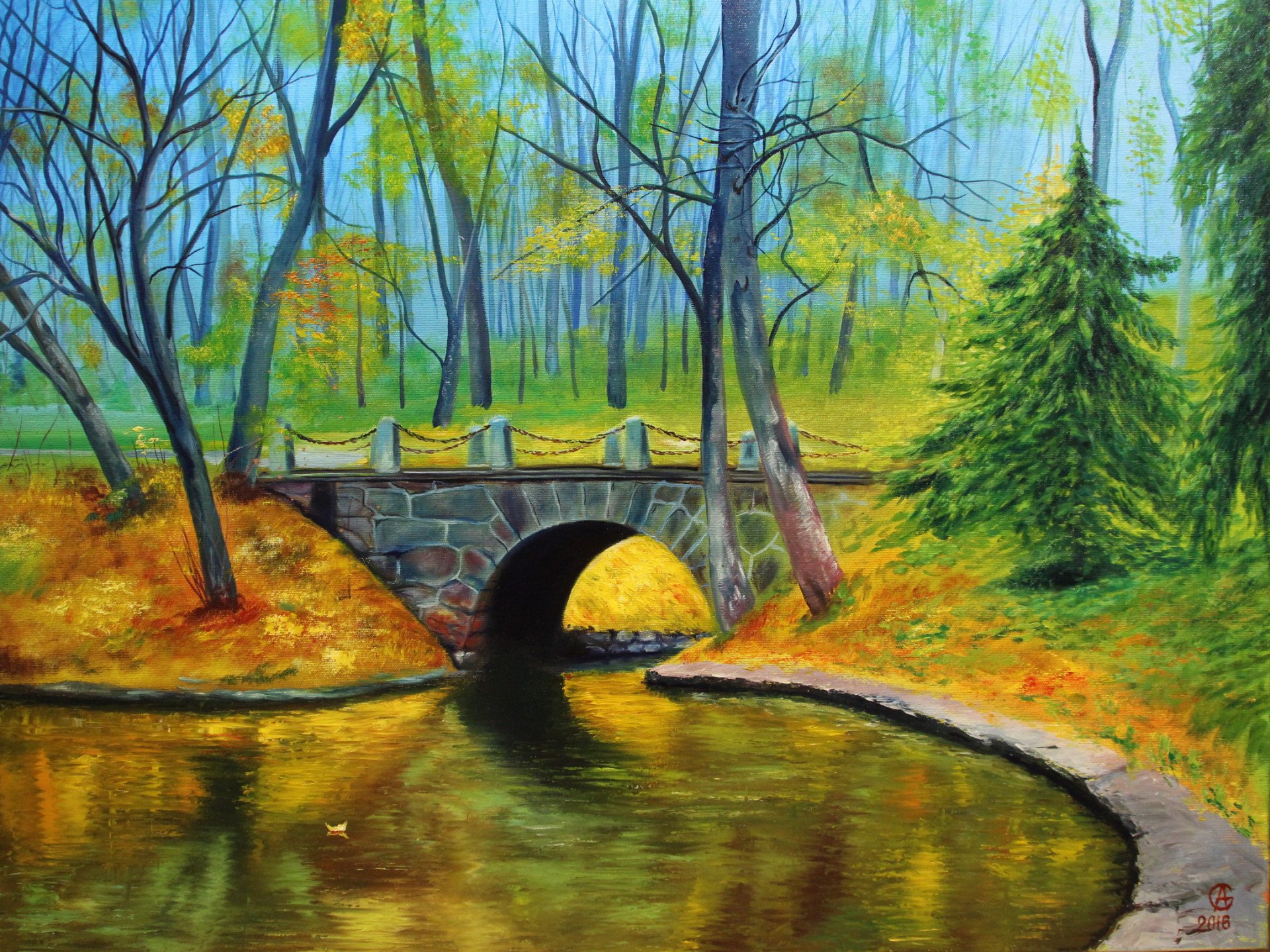 Bridge in the park Painting by Oleh Dobroskokov