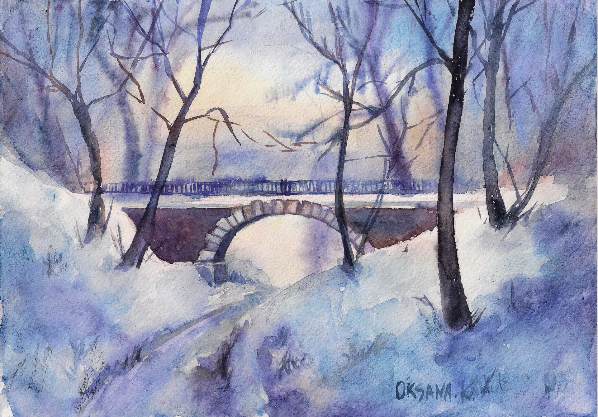 Winter bridge Painting by Ksana Kuznezova - Jose Art Gallery