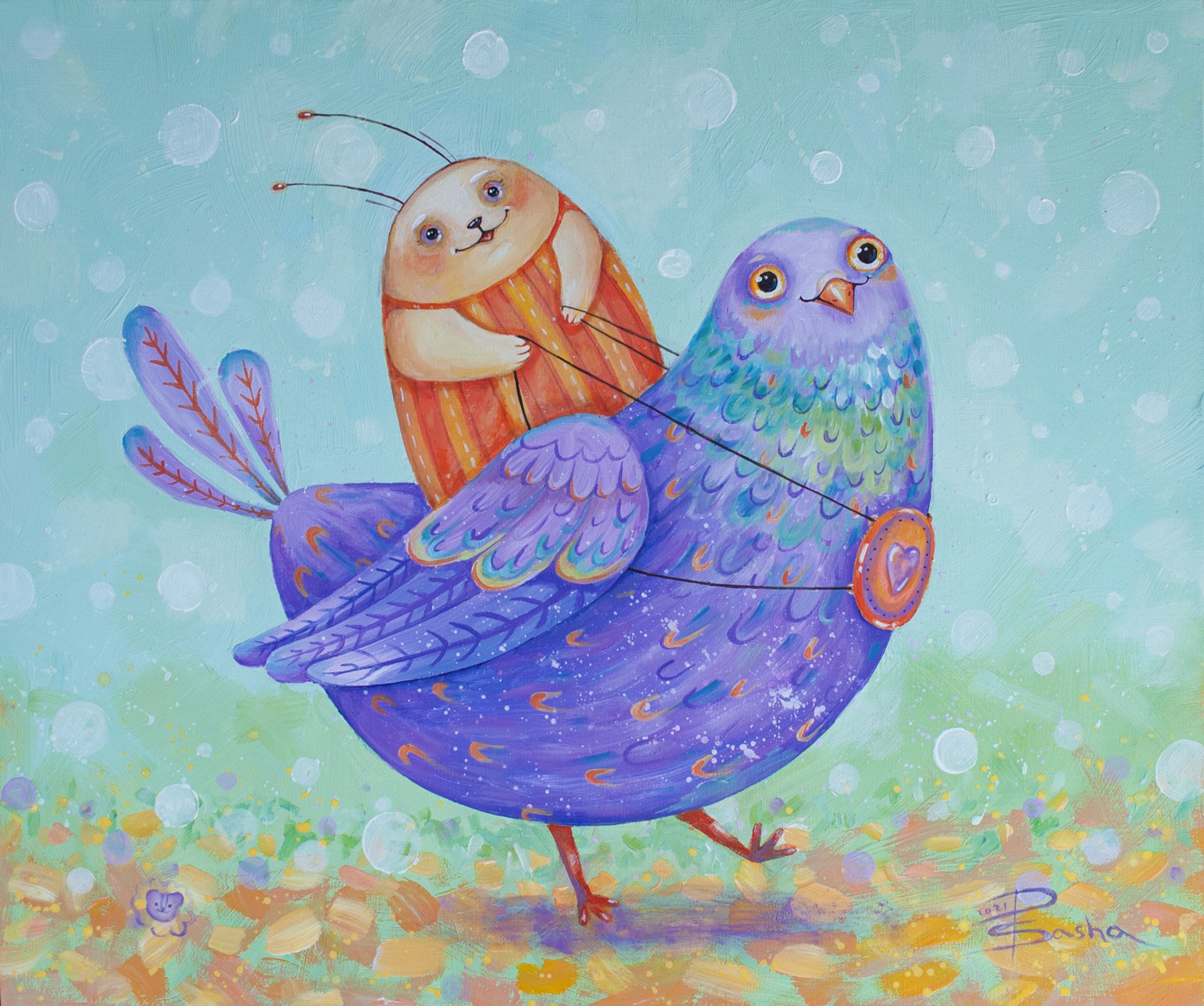Bird riding Painting by Aleksandra Paranchenko