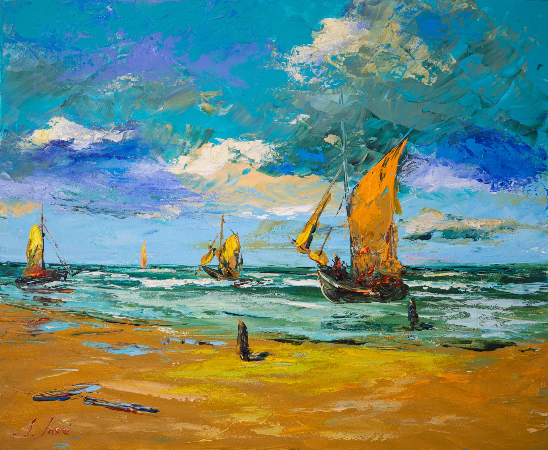 Ships at the shore Painting by Helper JAG - Jose Art Gallery