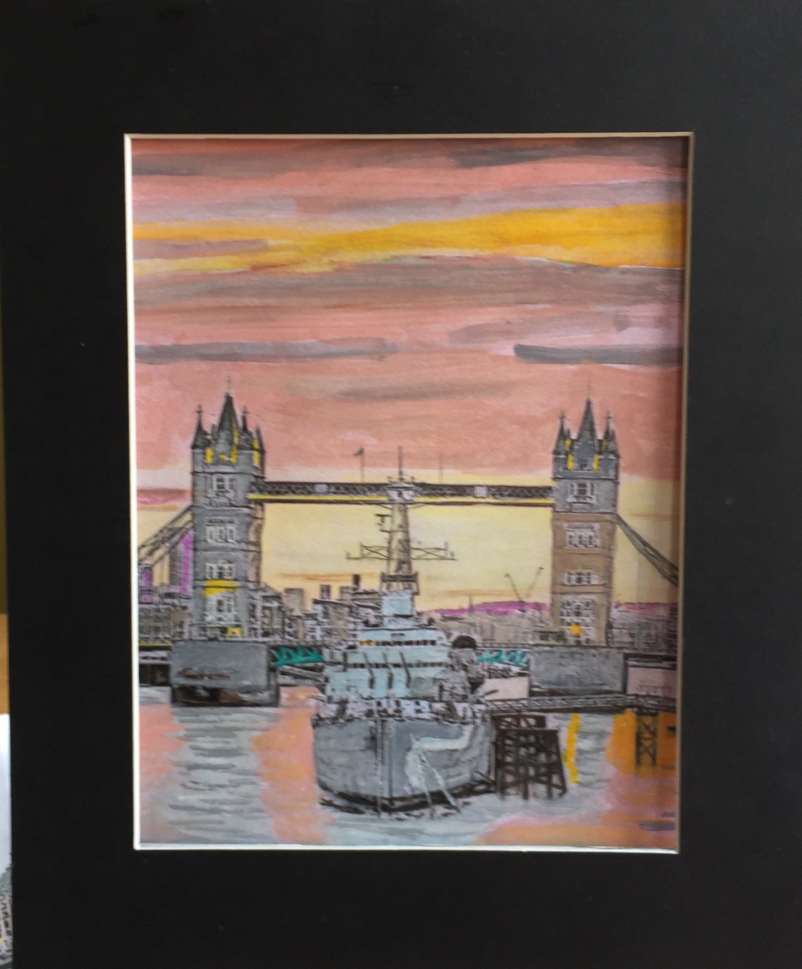 Sunset Tower bridge and Hms Be Painting by Mark Leary