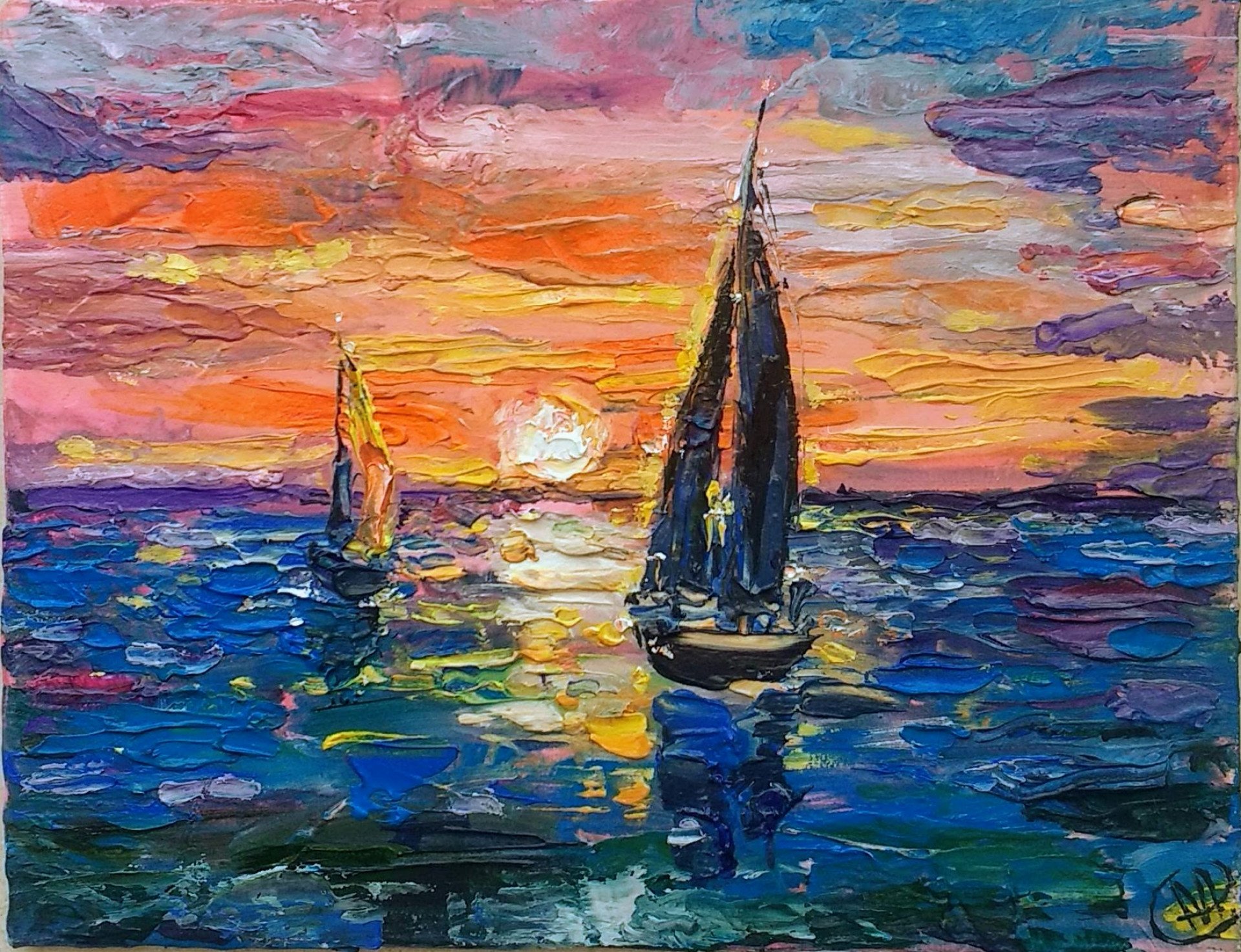 Sailing Boats On Sunset Painting By Alina Skorokhod Jose Art Gallery