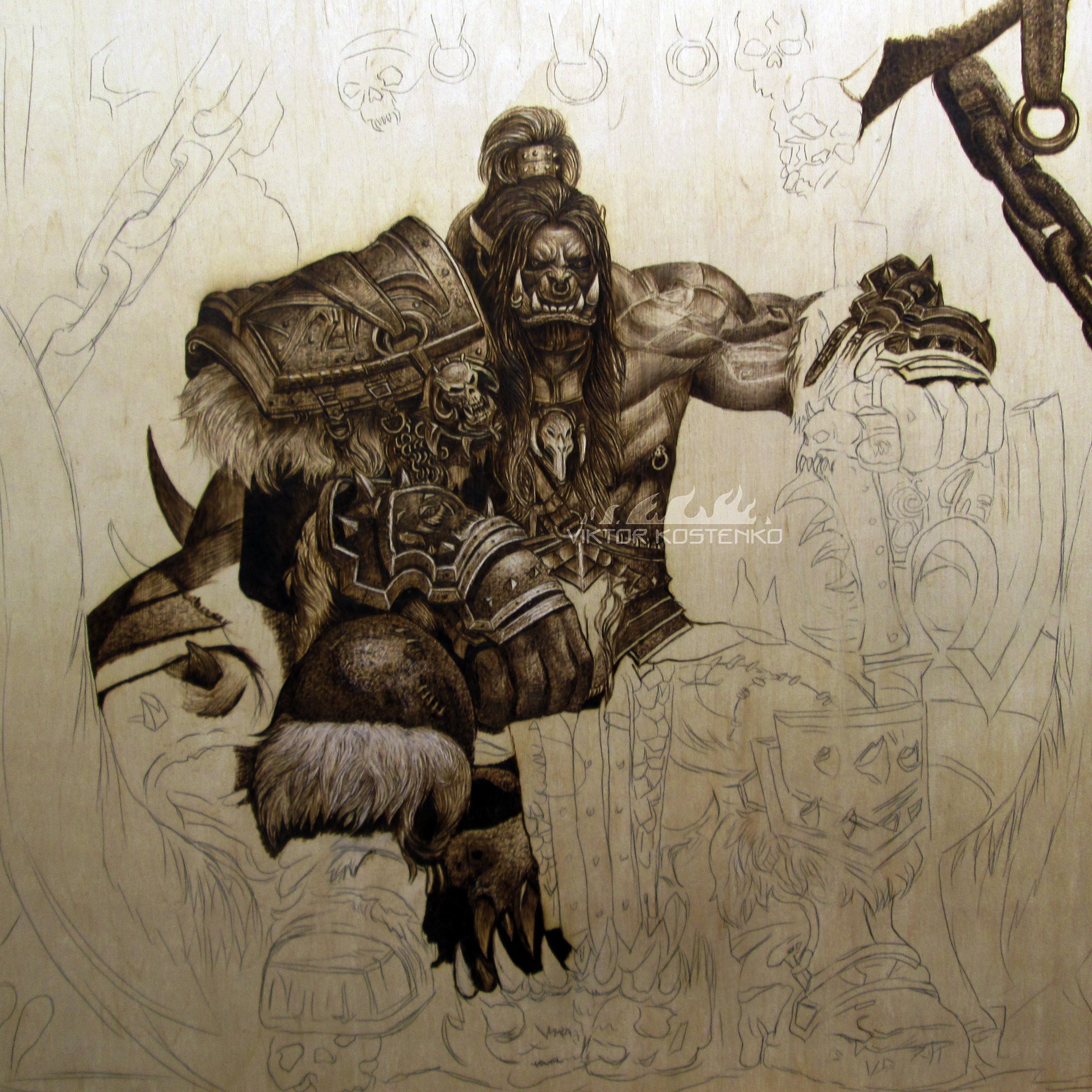 Pyrography, Warcraft Grommash Drawing - Viktor Kostenko