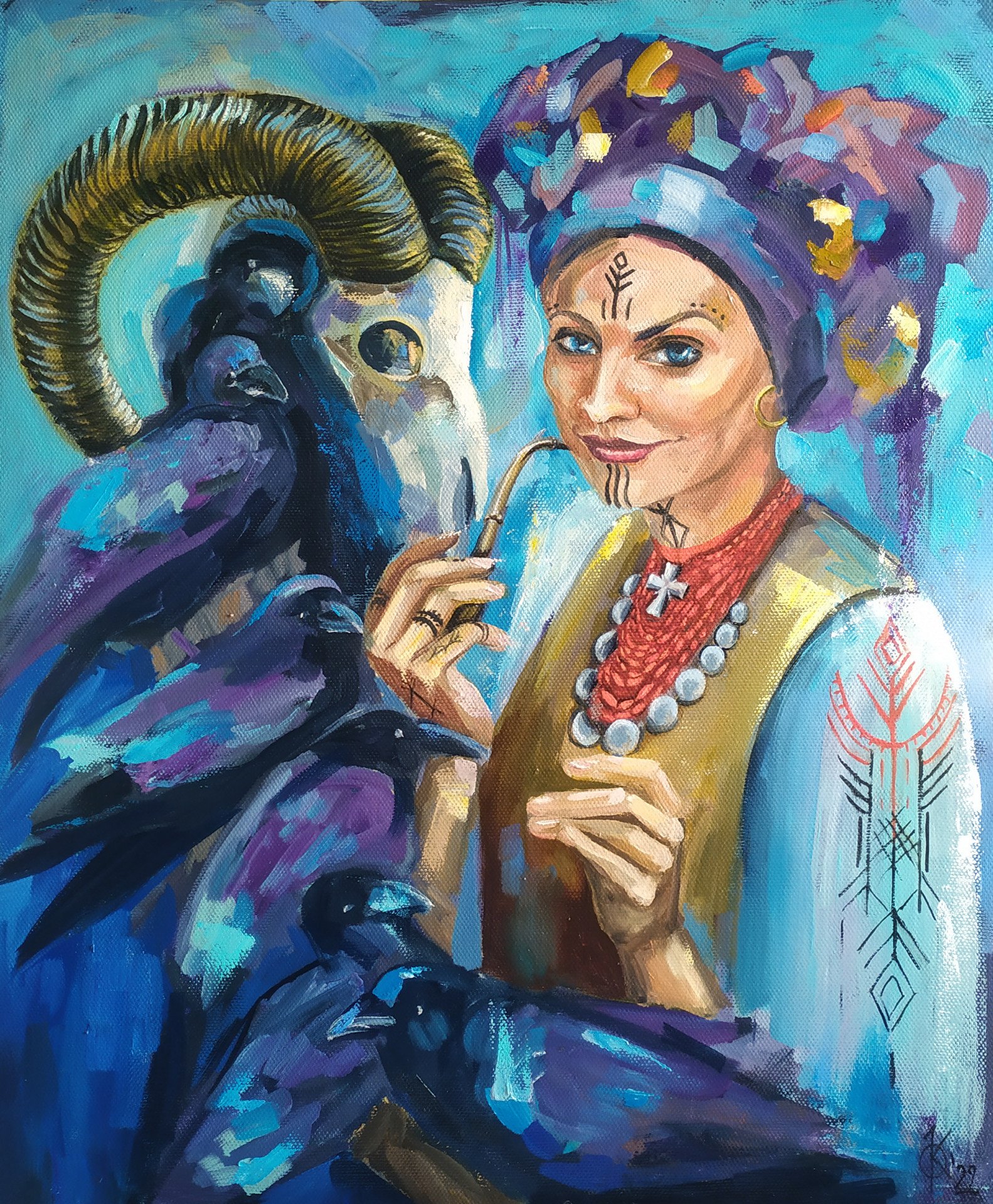 A charming woman and crows Painting by KOlha