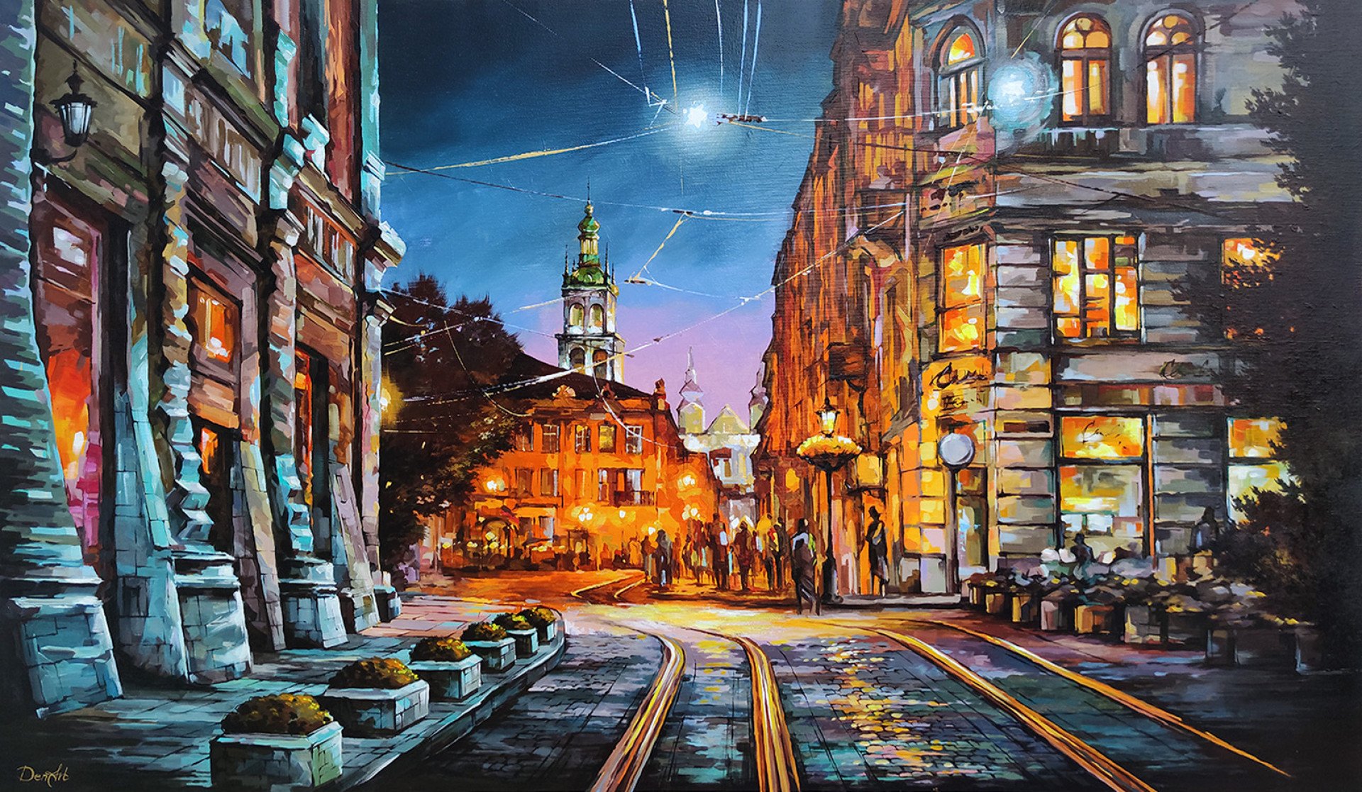 Night Reflections of Lviv Painting by Denis Puchkov