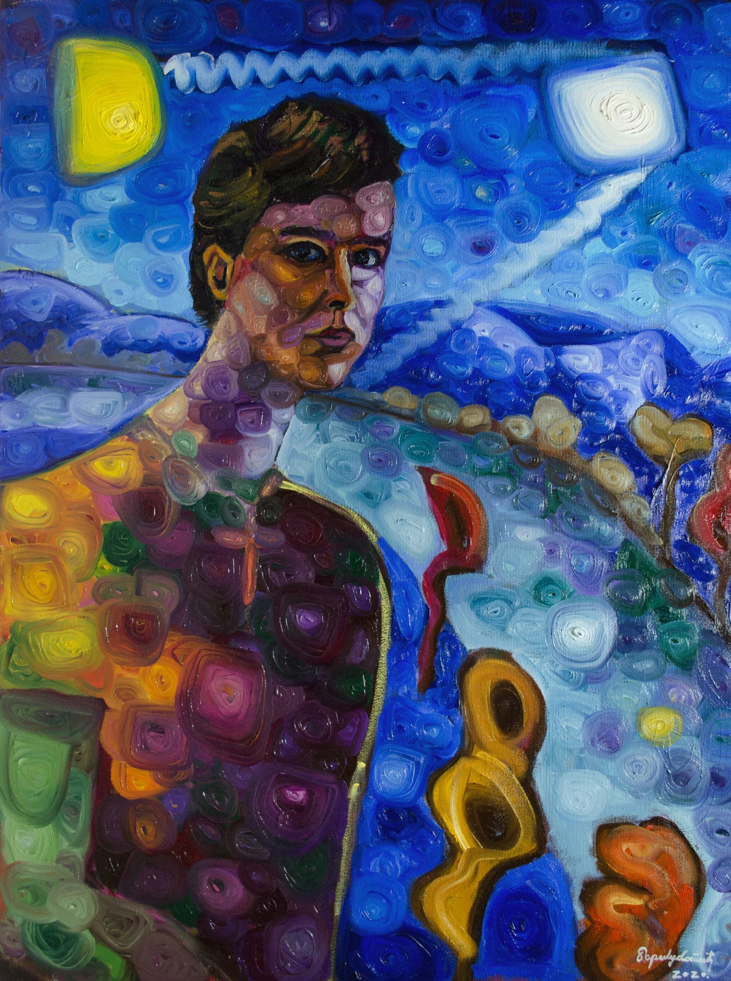 Self-portrait in moonlight Painting by Boris Subotic