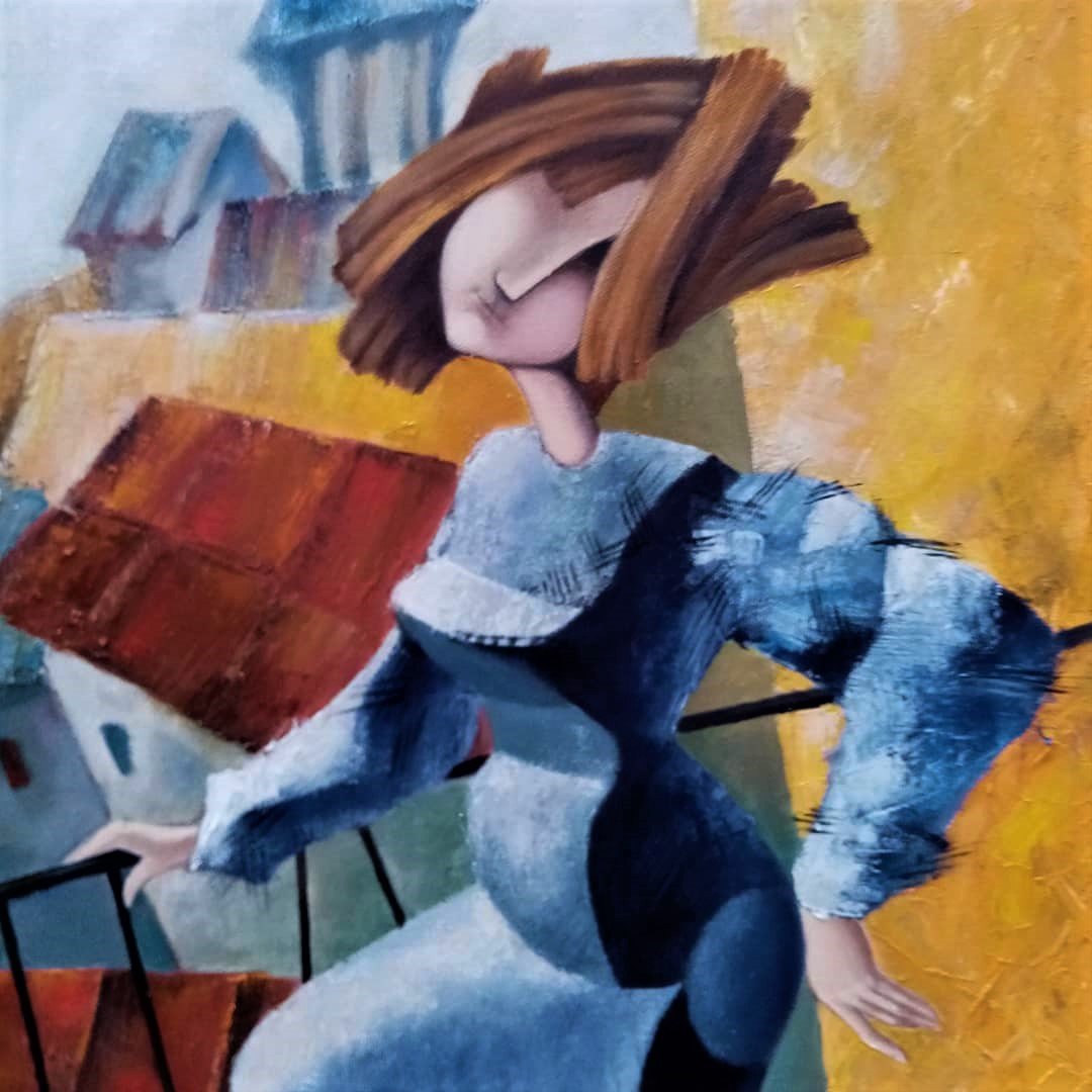 Mrs. Lyuba on the balcony Painting by Olga Vasilchenko