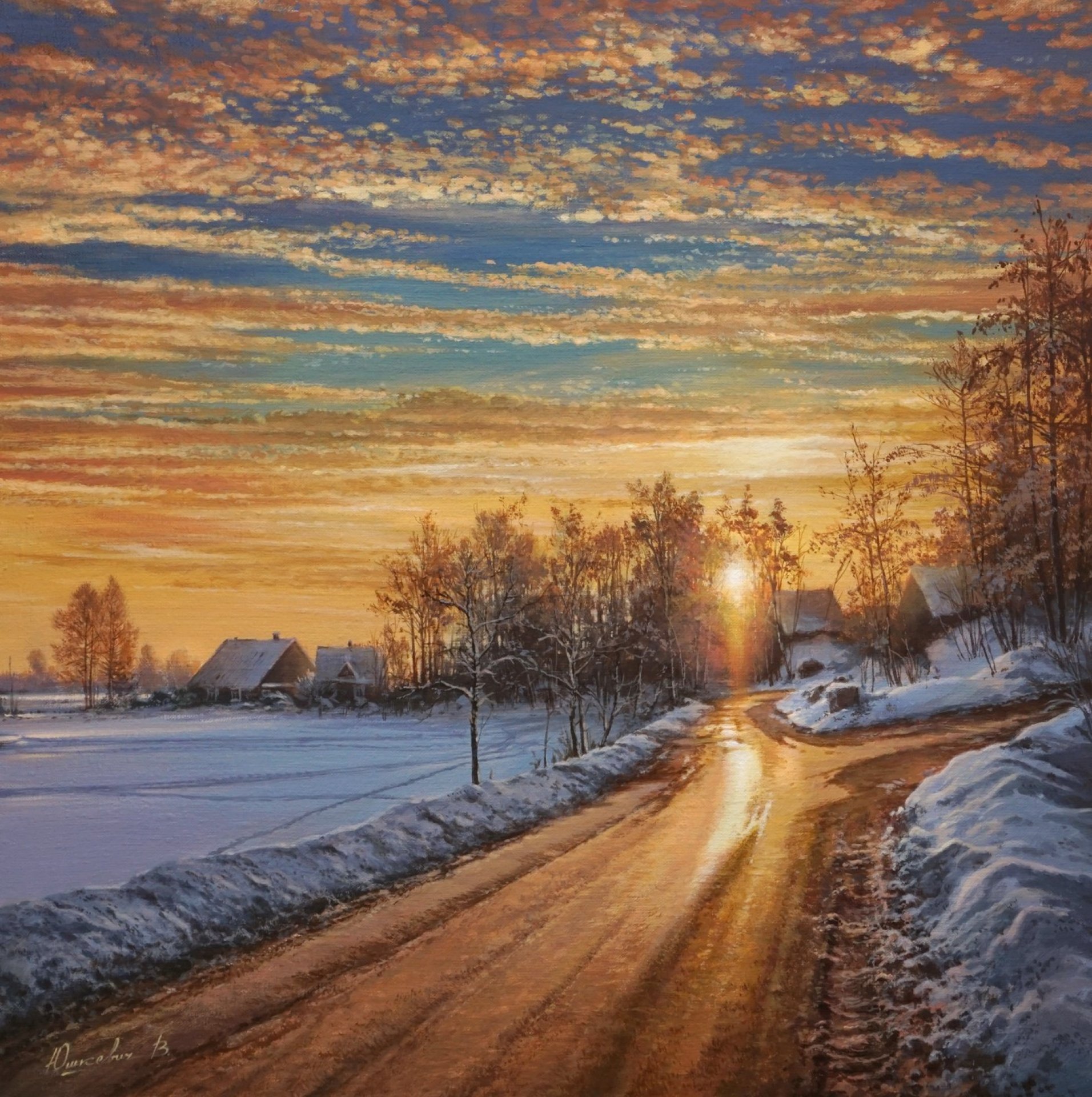 Golden winter sun Painting by Viktar Yushkevich Yuvart