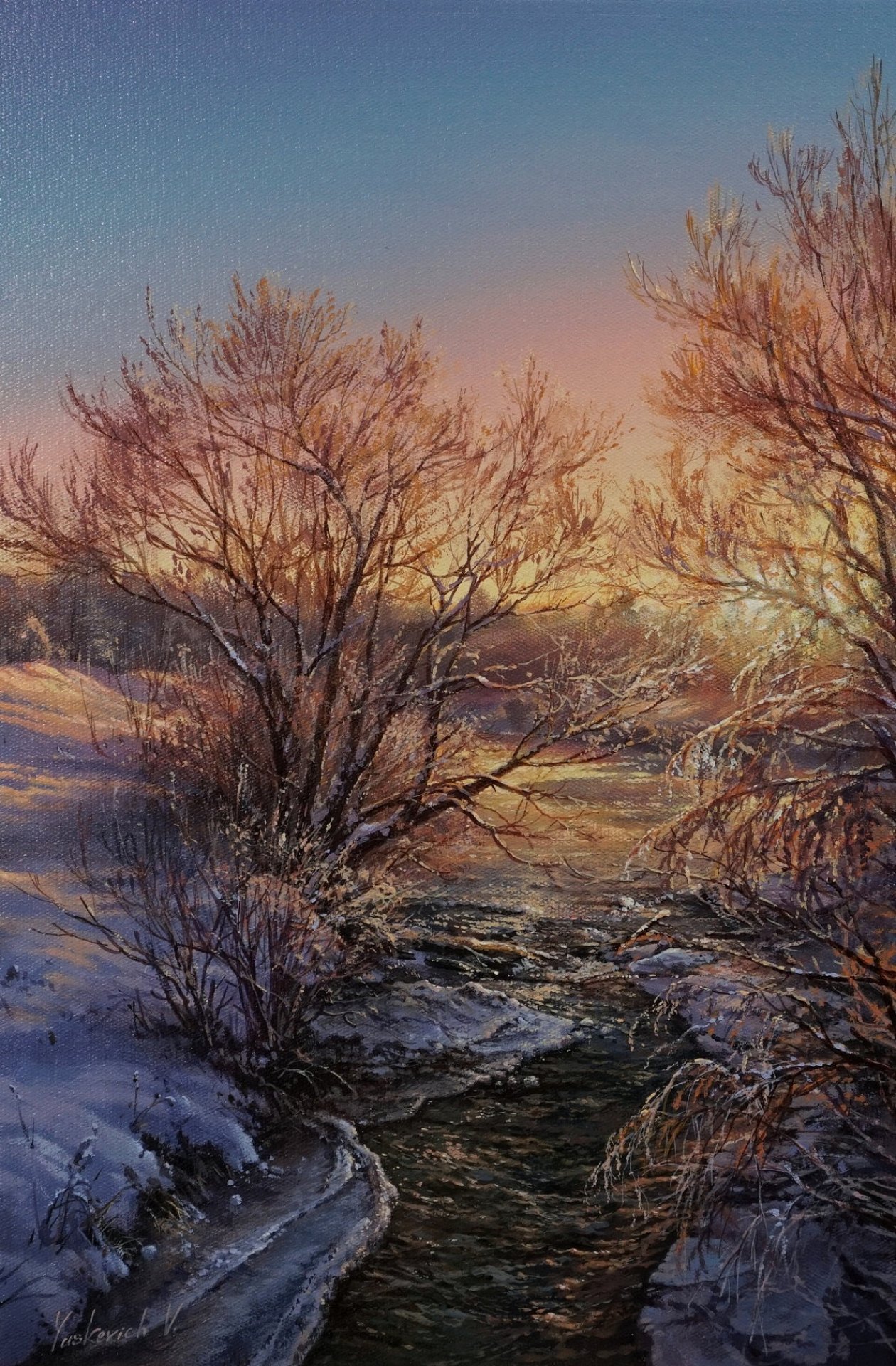 Winter ringing stream Painting by Viktar Yushkevich Yuvart