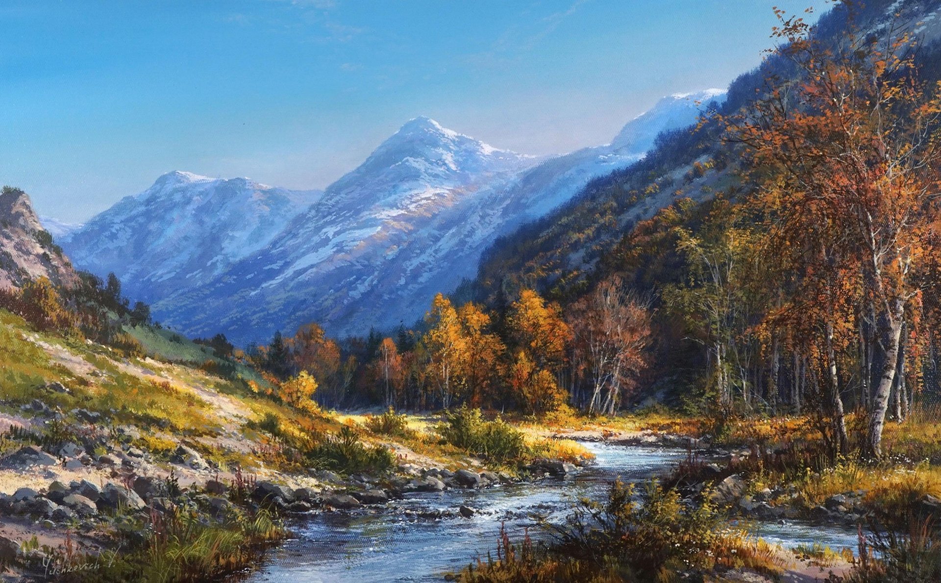 Mountain river in autumn Painting by Viktar Yushkevich Yuvart