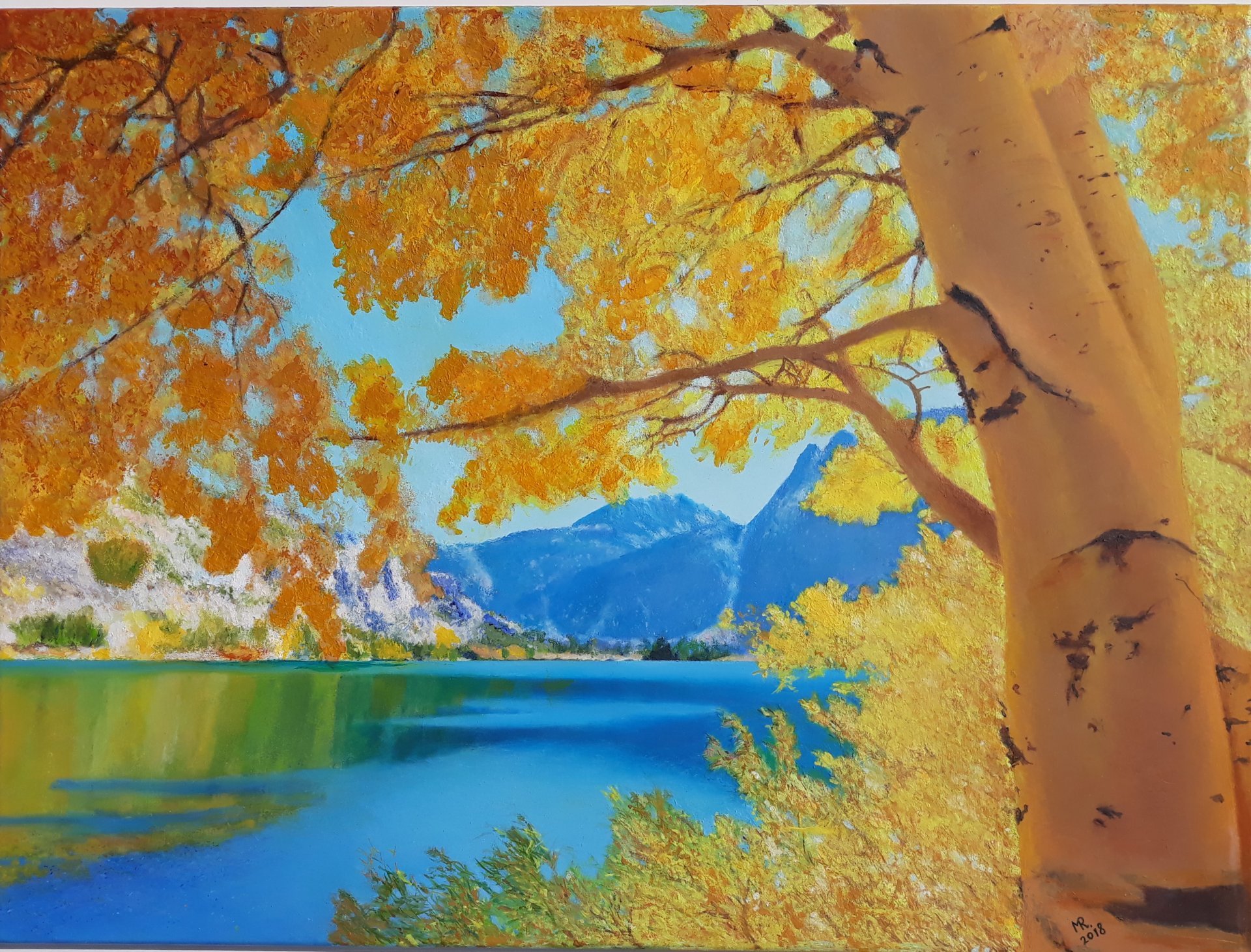 Autumn on the chores of Lake. Painting by Marie Ruda